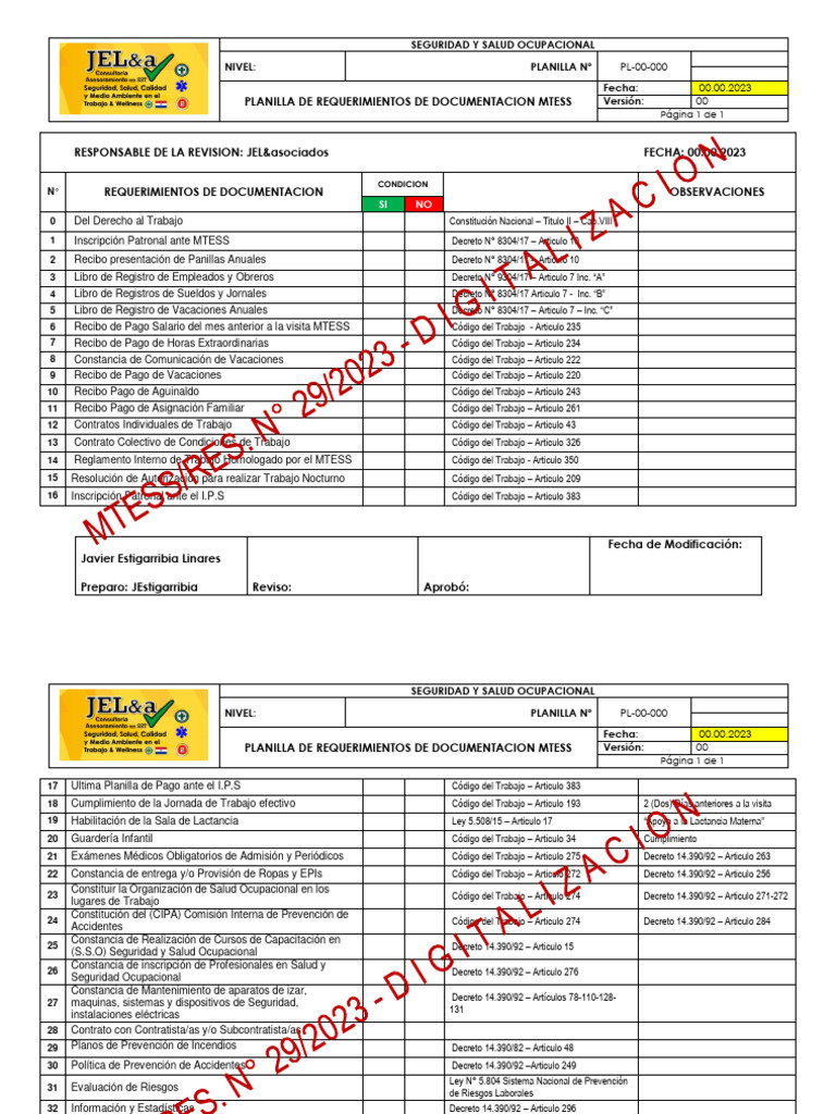 Requerimientos Documentales MTESS 2023 | PDF