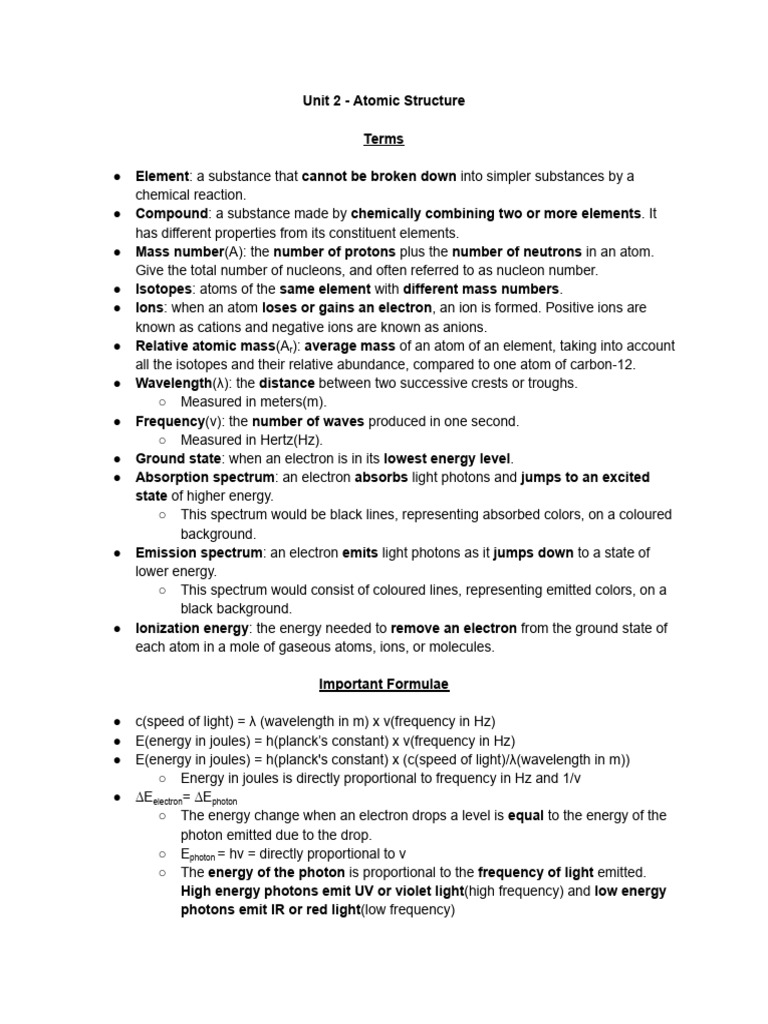 IB Chemistry - Unit 2 - Atomic Structure Study Guide | PDF | Emission ...