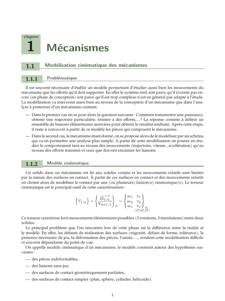 2021-2022-Mpsi1-Cinematique Modelisation Des Mecanismes Cours | PDF