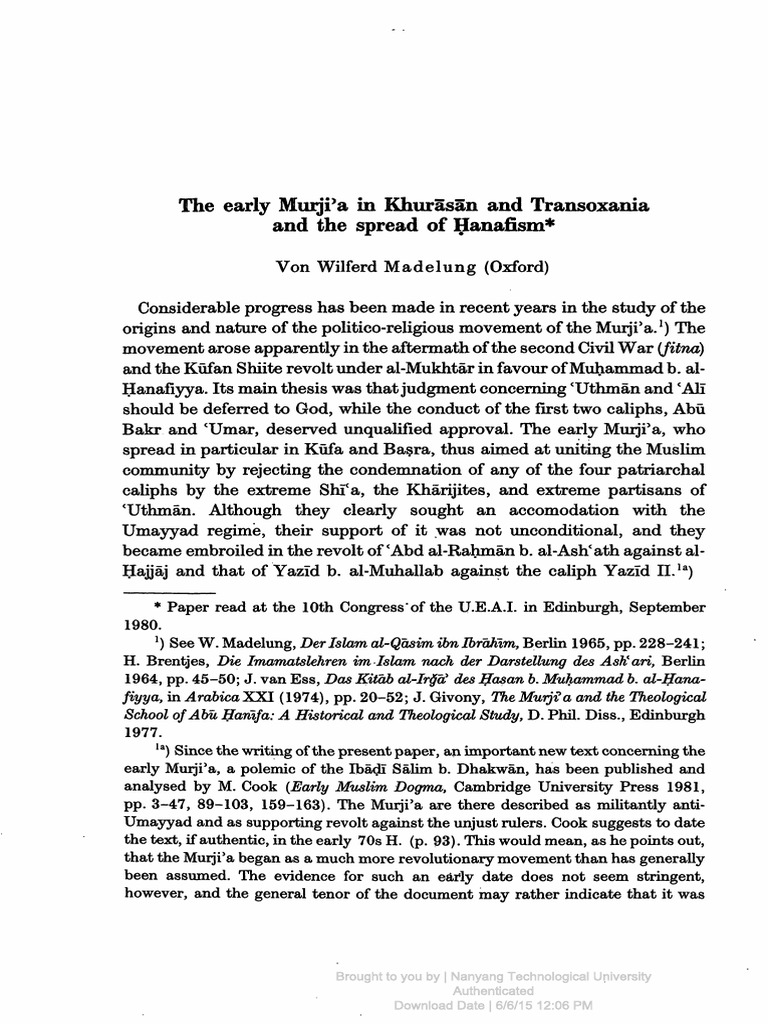 Early Murji'as of Khurasan and Hanafi - Madelung - 1982 | PDF