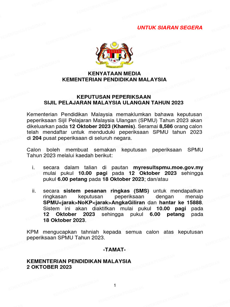 Km_kpm_keputusan Peperiksaan Sijil Pelajaran Malaysia Ulangan Tahun ...