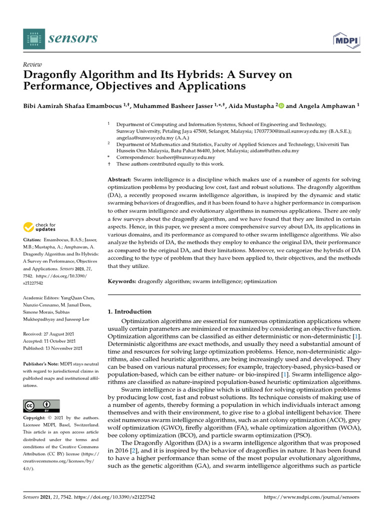 Dragonfly Algorithm and Its Hybrids a Survey on Pe | PDF