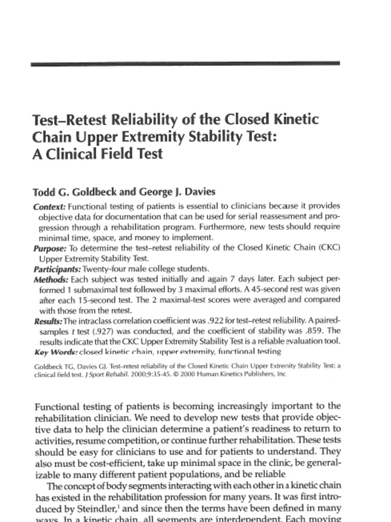 Goldbeck 2000 Test-Retest Reliability of The Closed Kinetic Chain Upper ... Goldbeck 2000 Test-Retest Reliability of The Closed Kinetic Chain Upper ...