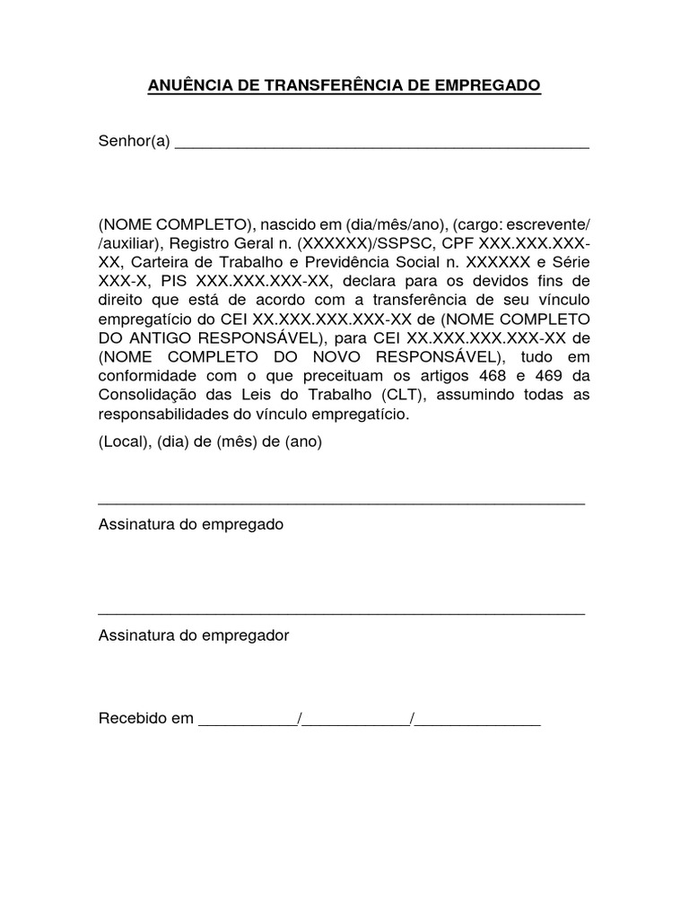 Anexo VIII Modelo de Anuencia de Transferencia de Empregado | PDF