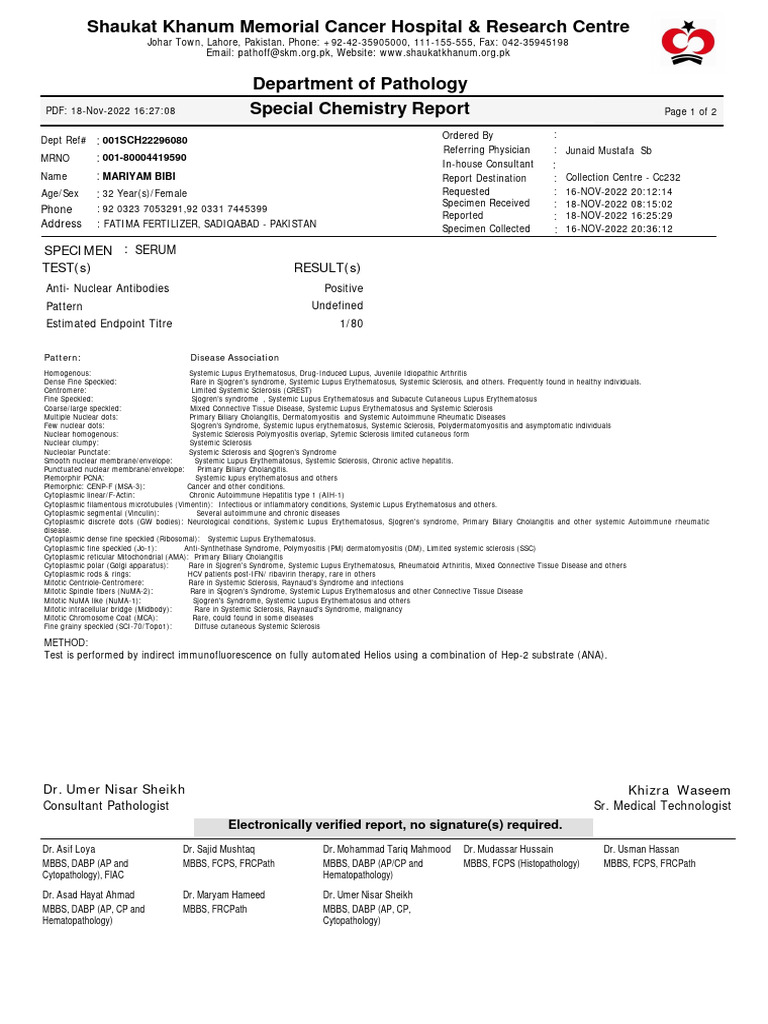 Antinuclear Antibodies (ANA) by Immunofluorescence | PDF