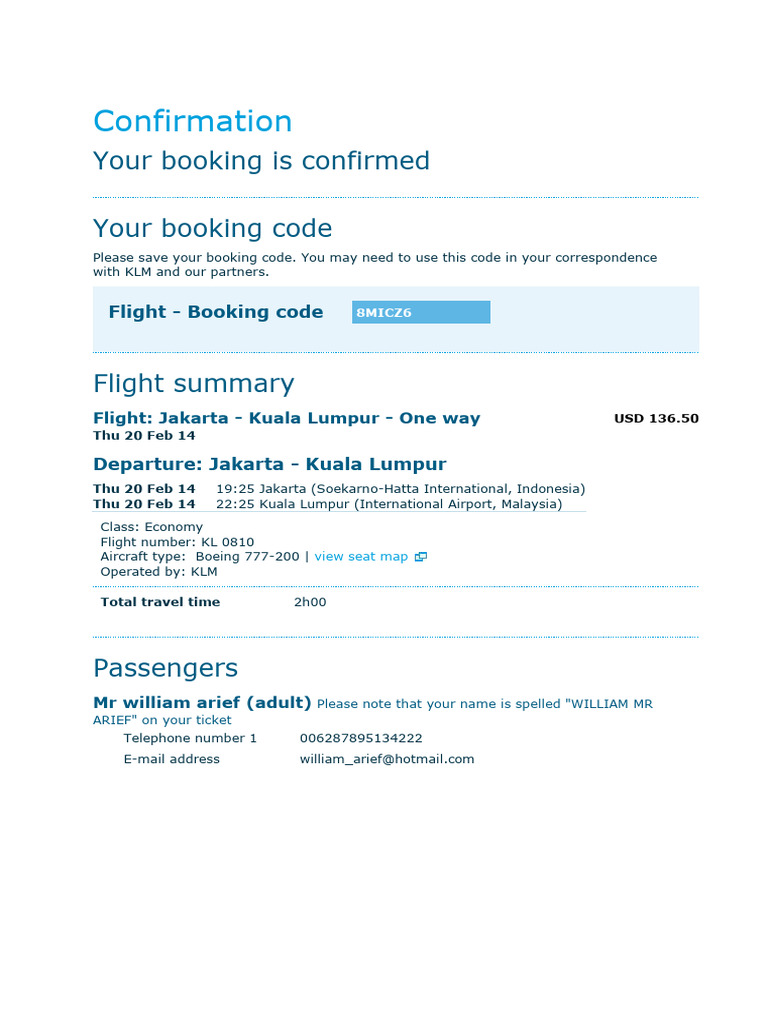 KLM Flight Booking Confirmation Details | PDF