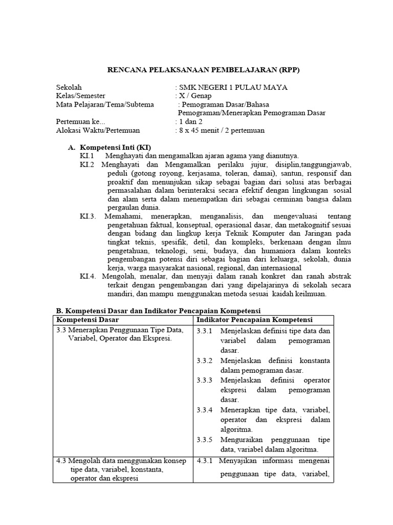 Perangkat Pembelajaran Pemograman Dasar KD1 | PDF
