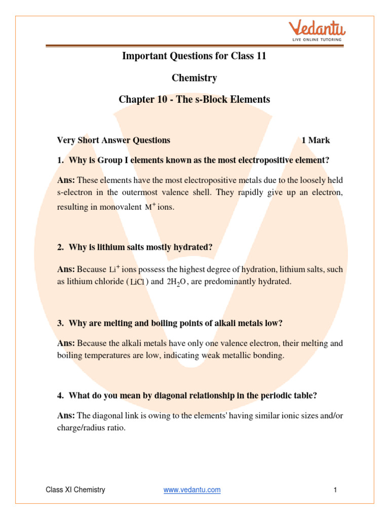 CBSE Class 11 Chemistry Chapter 10 - The S-Block Elements Important ...
