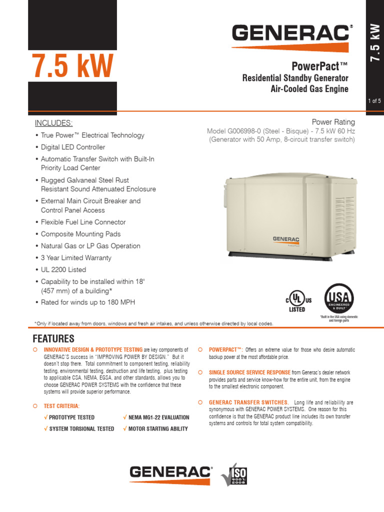 Generac Home Generators Powerpact 7.5kw - Spec Sheet 2017 | PDF