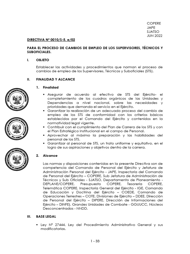DIRECTIVA 010 SJATSO NORMAR EL CAMBIO DE EMPLEO DEL PERSONAL SUPERVISORES TECNICOS Y SUB ...