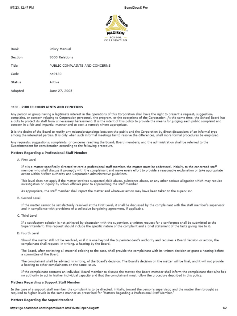 PHM Policy 9130 - Public Complaints and Concerns | PDF
