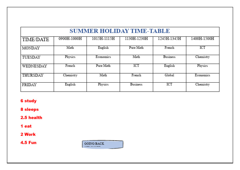 Summer Holiday Study Timetable | PDF