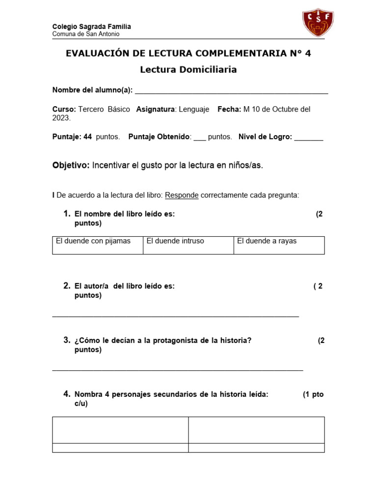 EVALUACIÓN DE LECTURA COMPLEMENTARIA N 4 Un Duende A Rayas 3° Básico | PDF