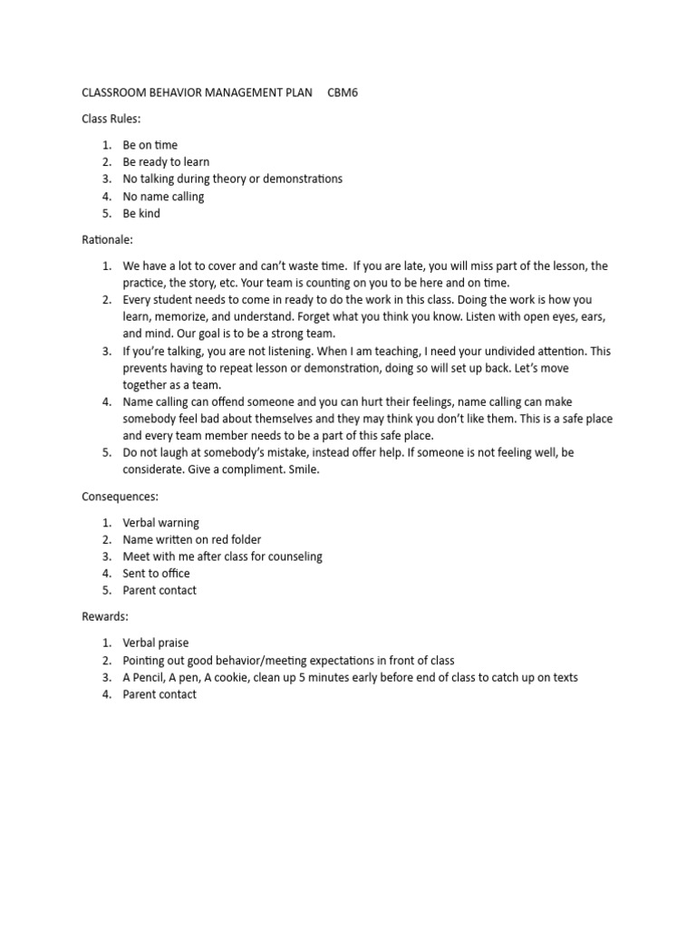 Classroom Behavior Management Plan cbm6 | PDF