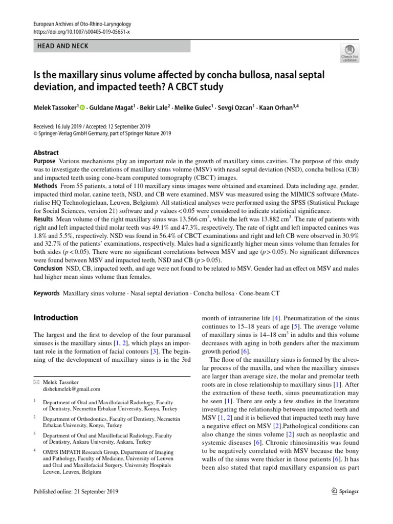 Is The Maxillary Sinus Volume Affected by Concha Bulbosa, Nasal Septal Deviation and Impactec ...