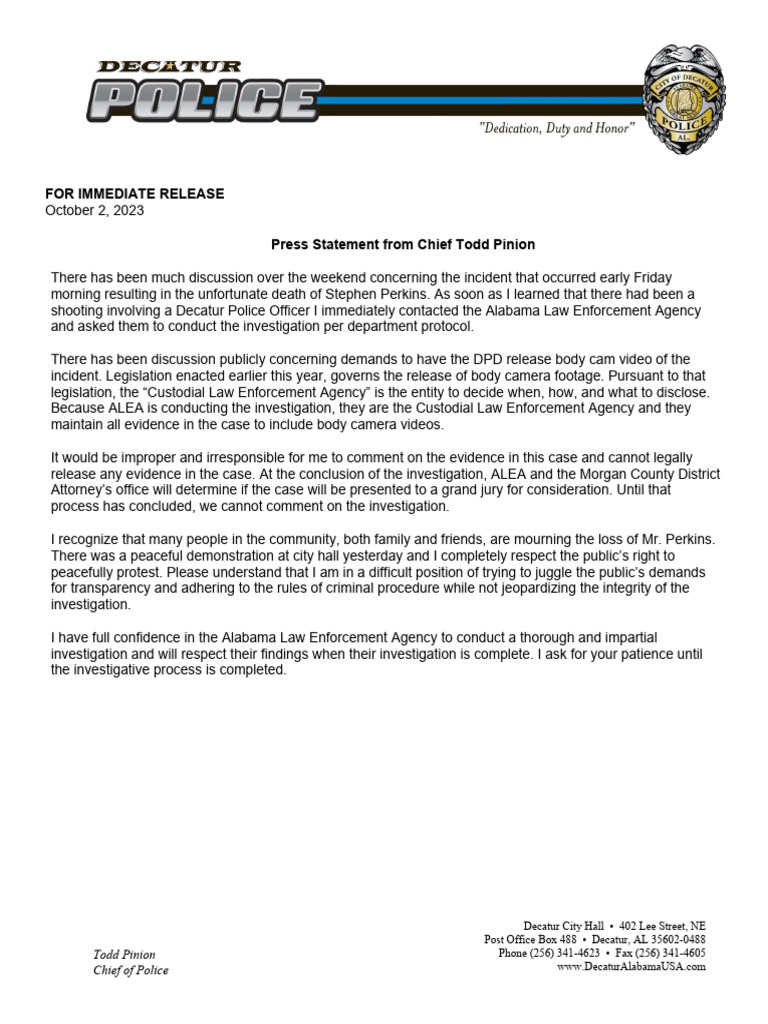 Decatur Police Chief's Statement on Shooting | PDF | Police | Crime ...