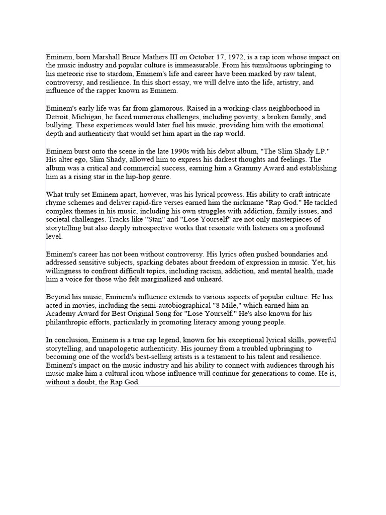 Eminem Essay | PDF | Hip Hop Music | Hip Hop