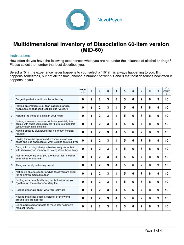 MID-60 Dissociation Assessment Tool | PDF | Dissociation (Psychology ...