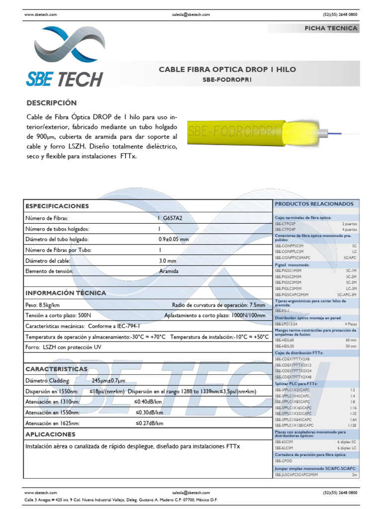 Datasheet Cable Drop | PDF | Fibra óptica | Equipo de telecomunicaciones