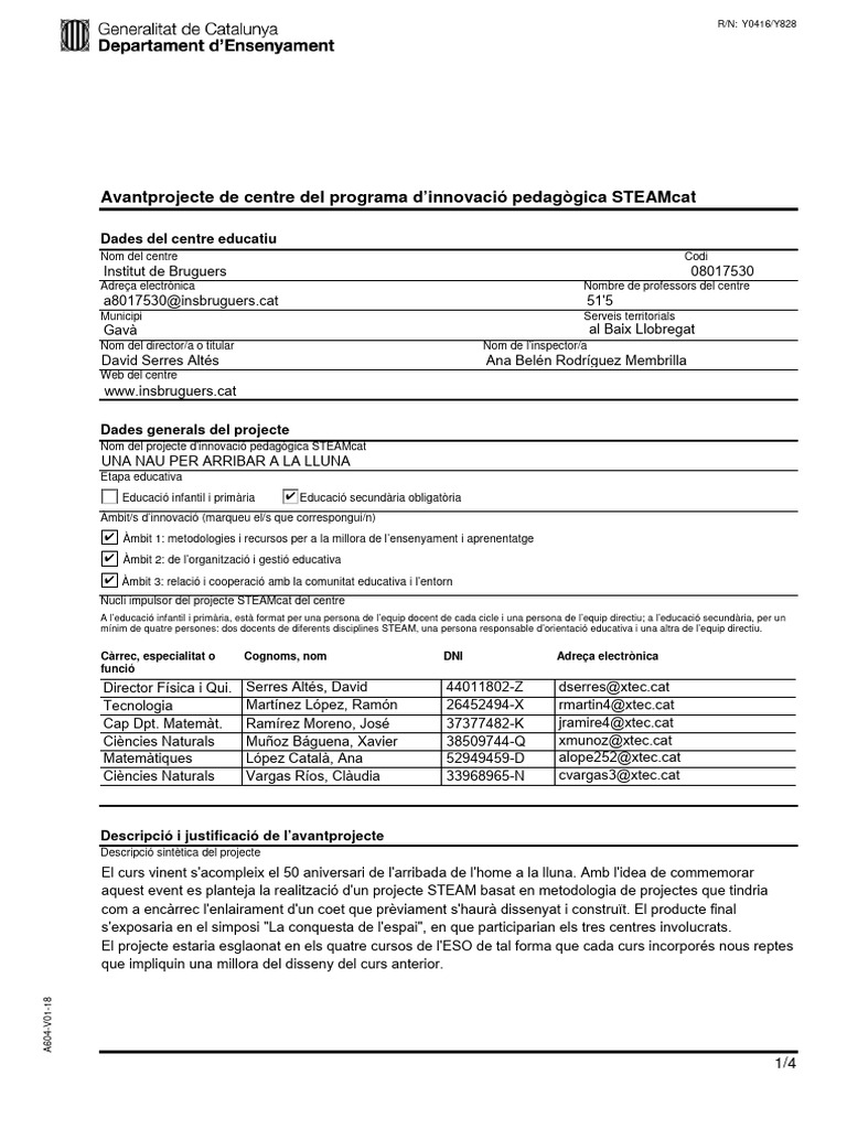 Institut de Bruguers - A604-Avantprojecte de Centre Del Programa D'innovació Pedagògica STEAMcat ...