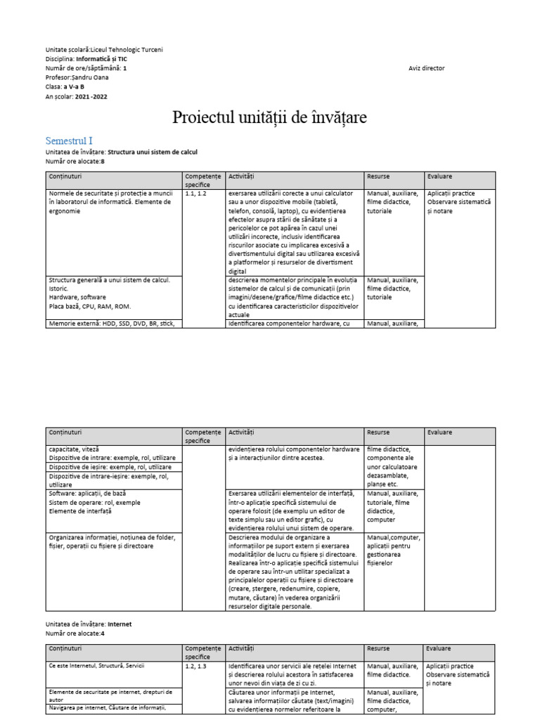Proiectul Unitatii de Invatare Tot - Clasa Av-A | PDF