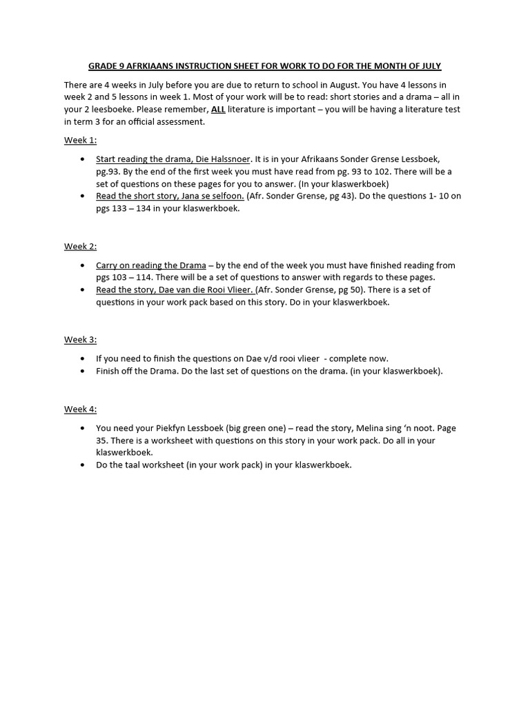 Grade 9 Afrkiaans Instruction Sheet For Work To Do For The Month of ...
