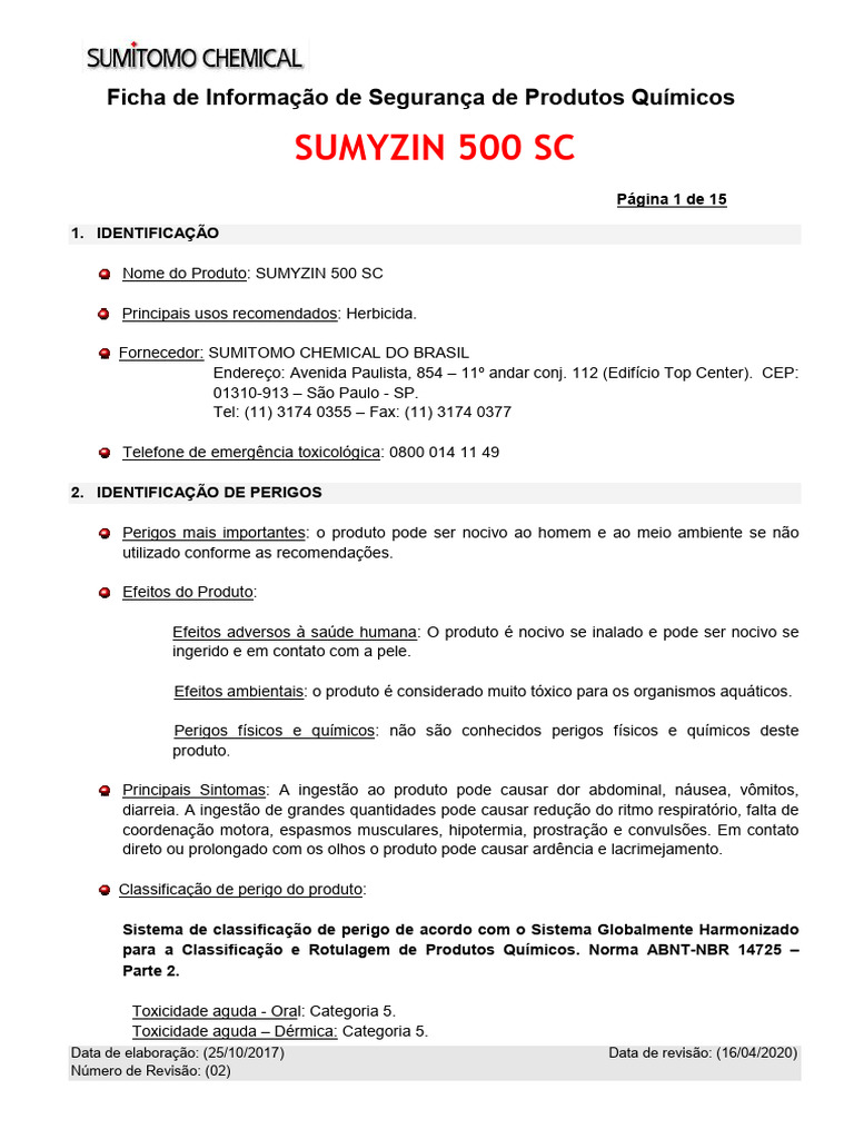 Herbicida Agricola Sumyzin 500 SC FISPQ | PDF | Primeiros socorros ...