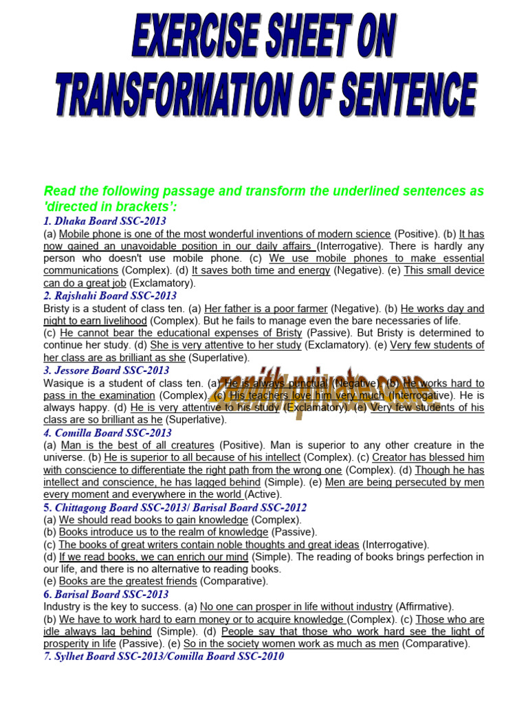 Transformation of Sentence Exercise - Ans | PDF | Literacy | Water