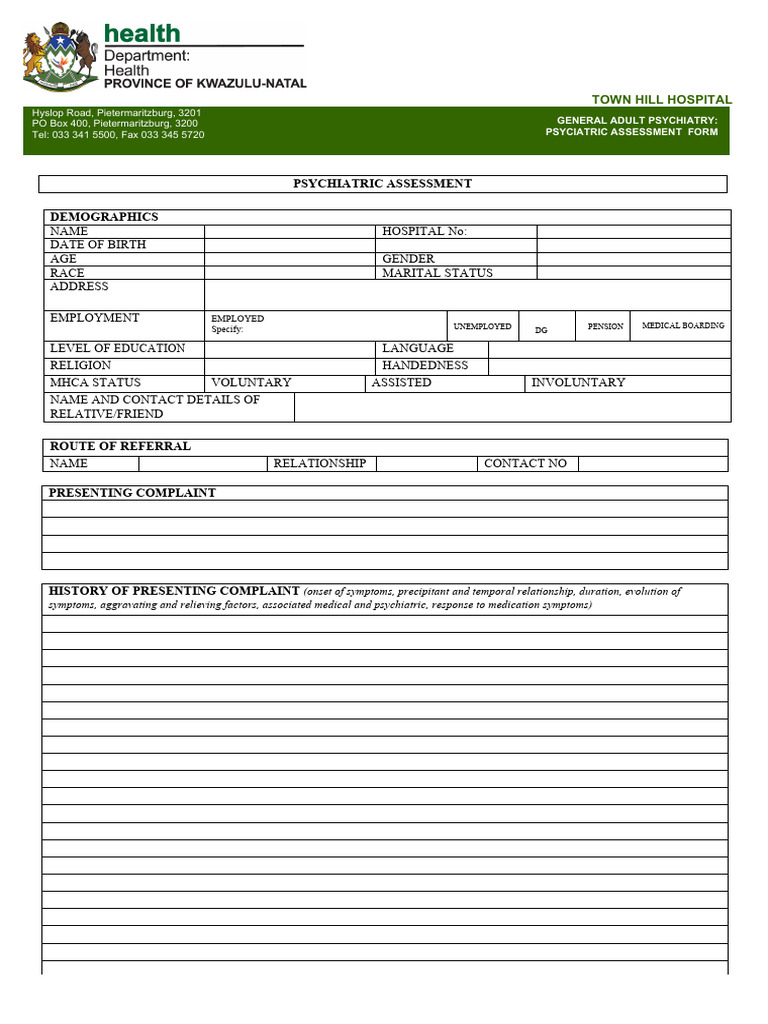 PSYCHIATRIC ASSESSMENT Format | PDF | Psychology | Human Diseases And ...