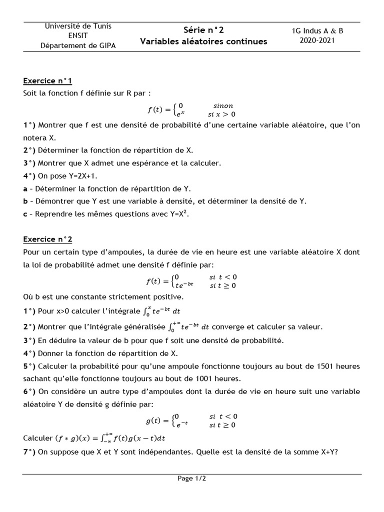 Série N°2 Enoncé Variables Aléatoires Continues Pdf