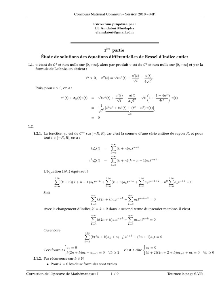CNC MP 2018 Maths 1 Corrige | PDF