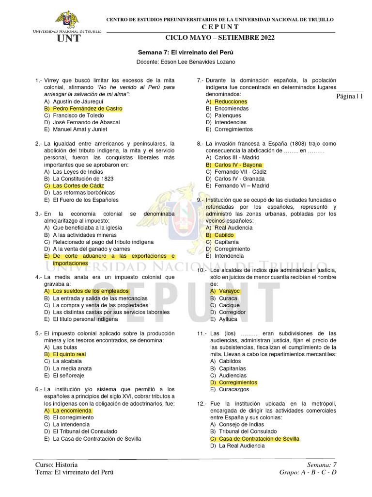 Sesion 07 Practica Virreinato Del Peru | PDF