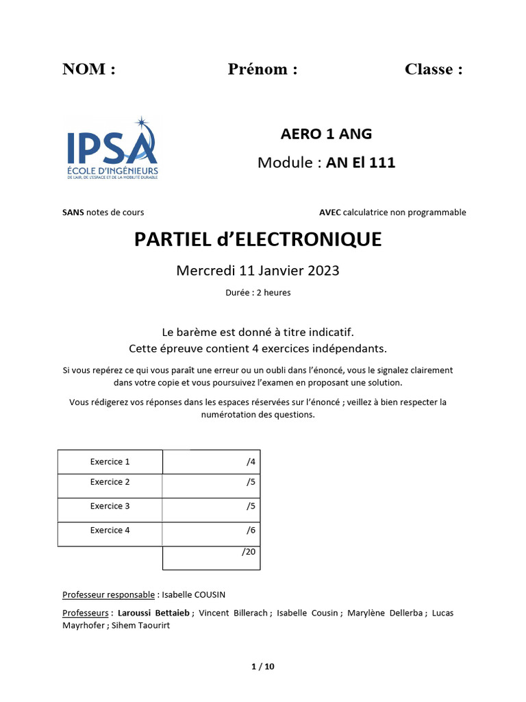 AnEl111 Partiel Sujet 2022-2023 | PDF | Operational Amplifier | Amplifier