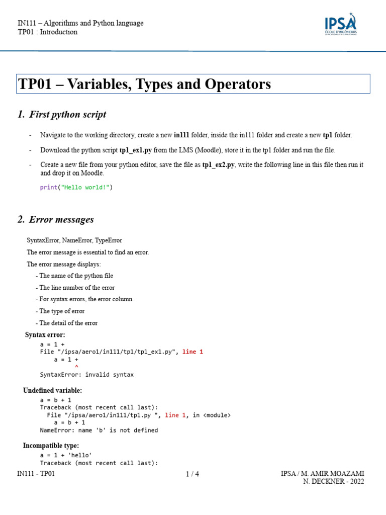 In111_TP01_VariablesTypesAndOperators_v1.0-EN | PDF