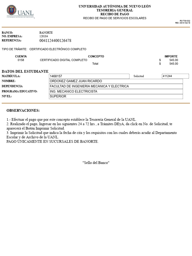 Documento Pago Certificado Completo Digital Uanl | PDF