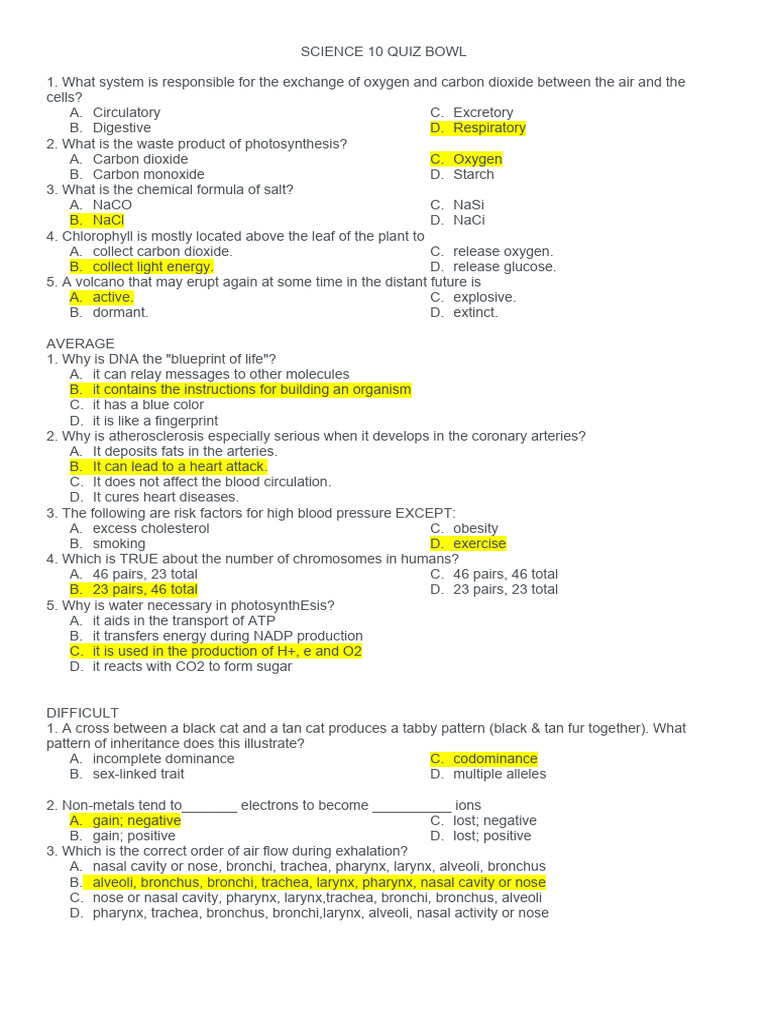 Grade 10 Science Quiz Bowl | PDF
