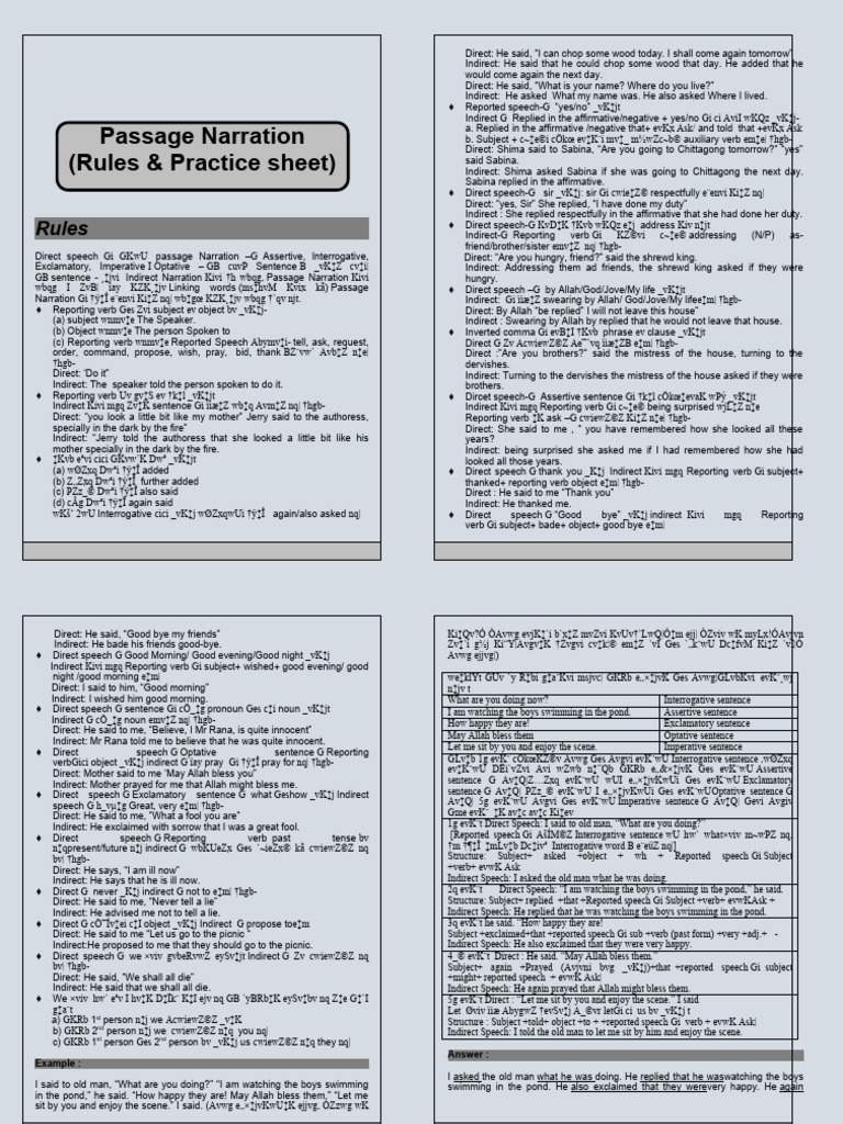 Passege Narration (Rules - Practice Sheet) | PDF