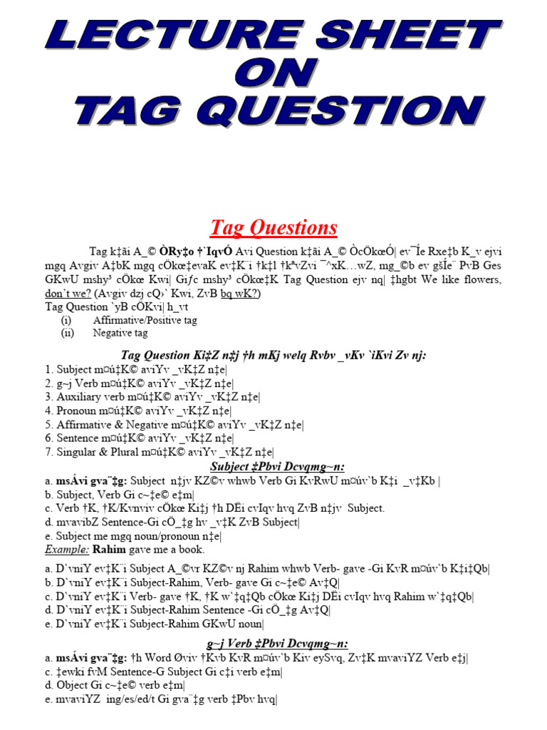 Tag Question Lecture Sheet | PDF | Subject (Grammar) | Verb