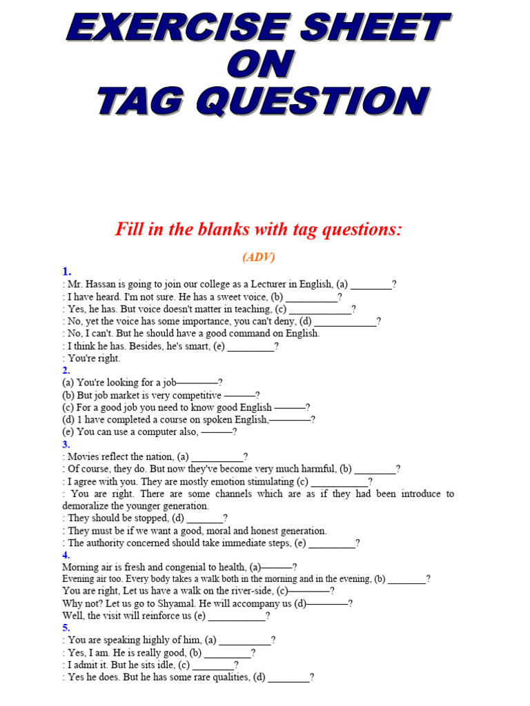 TAG QUESTION EXERCISE SHEET | PDF
