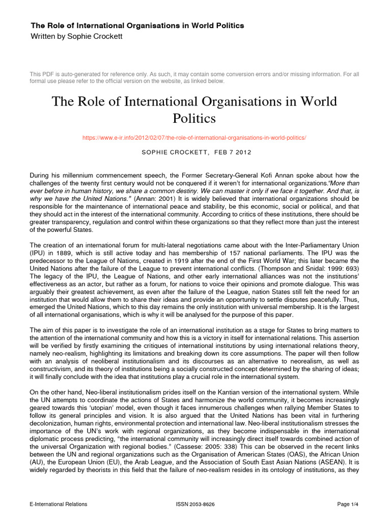 The Role of International Organisations in World Politics | PDF ...
