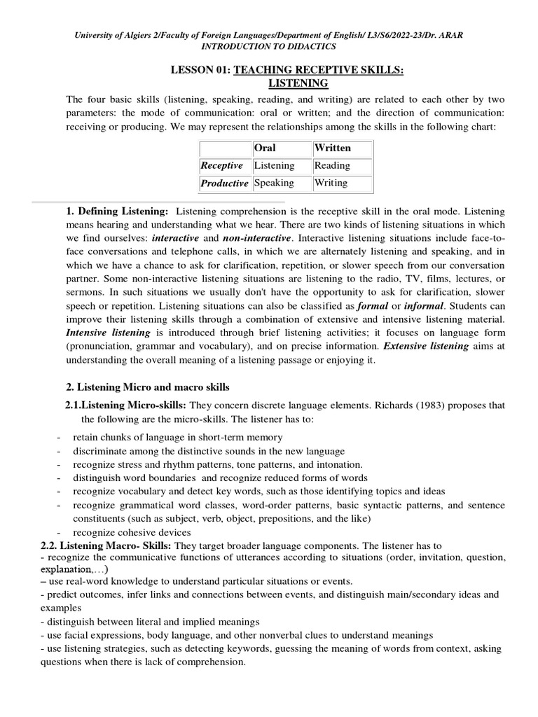 Lesson 03 Teaching and Assessing Listening | PDF