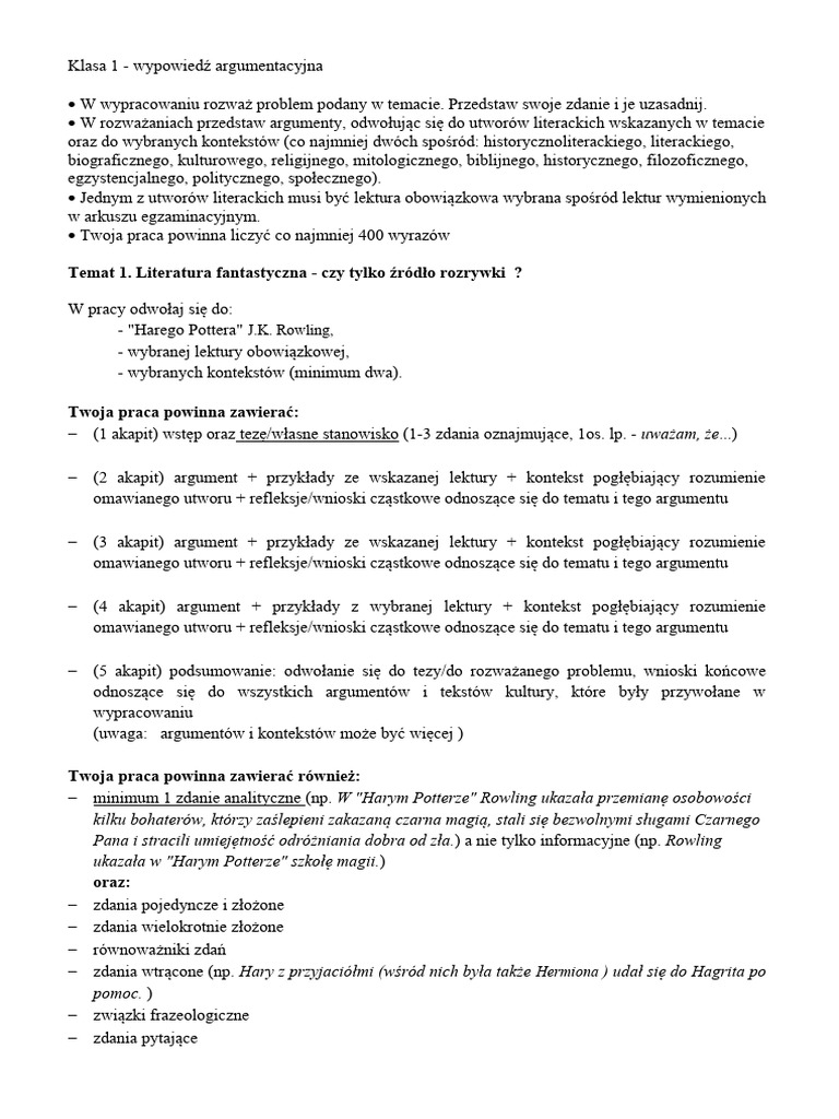 wypowiedź argumentacyjna - kl 1 inf wstępne | PDF