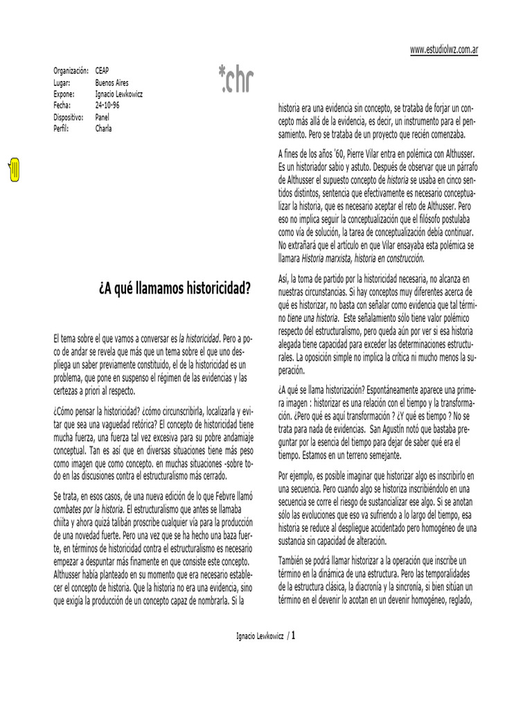 LEWKOWICZ, Ignacio - Chrhistoricidad | PDF | Psicoanálisis | Franz Kafka