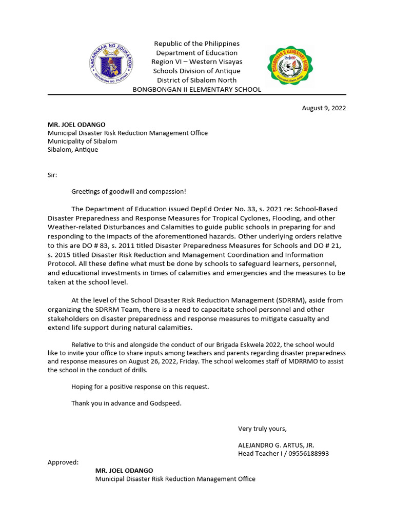 Letter To MDRRMO | PDF | Emergency Management | Disaster Risk Reduction