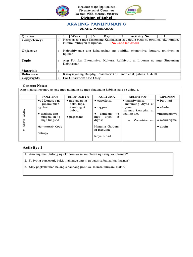 AP8 Q1 W6Day1-3 | PDF