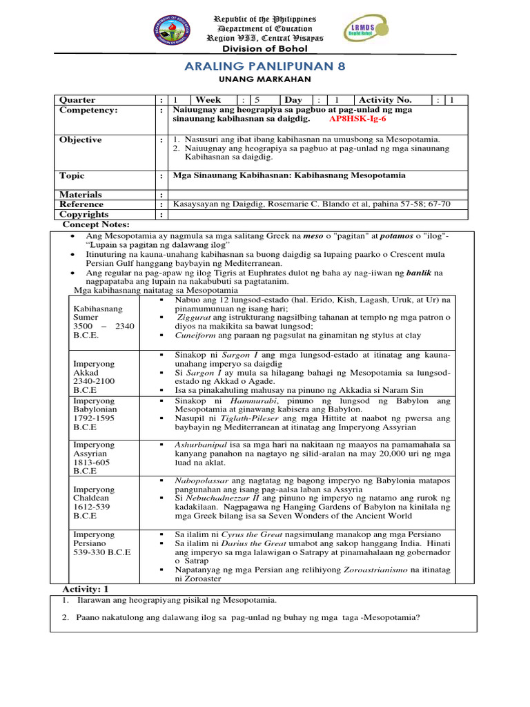 AP8 Q1 W5Day1-3 | PDF