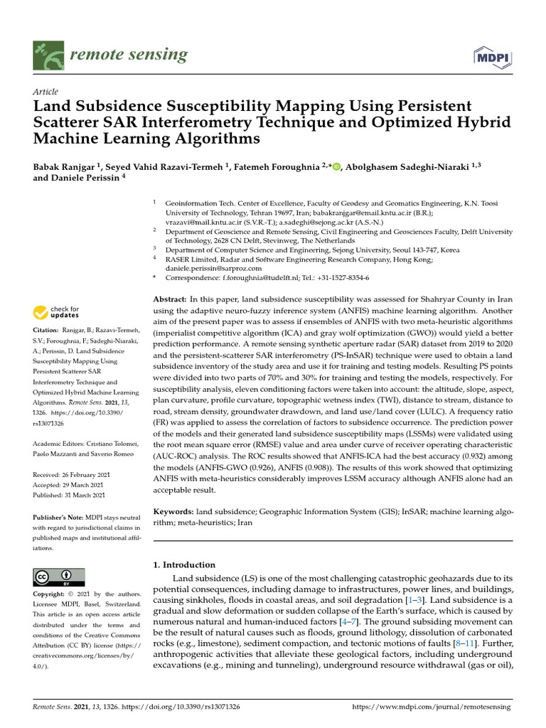 Land Subsidence Susceptibility Mapping Using Persistent Scatterer SAR Interferometry Technique ...