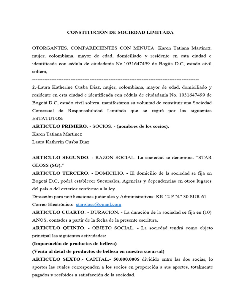 Documento de Constitución de Sociedad Limitada | Descargar gratis PDF | Business