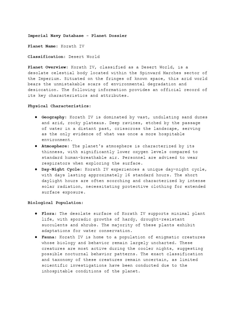 Imperial Navy Database - Planet Dossier RAW | PDF