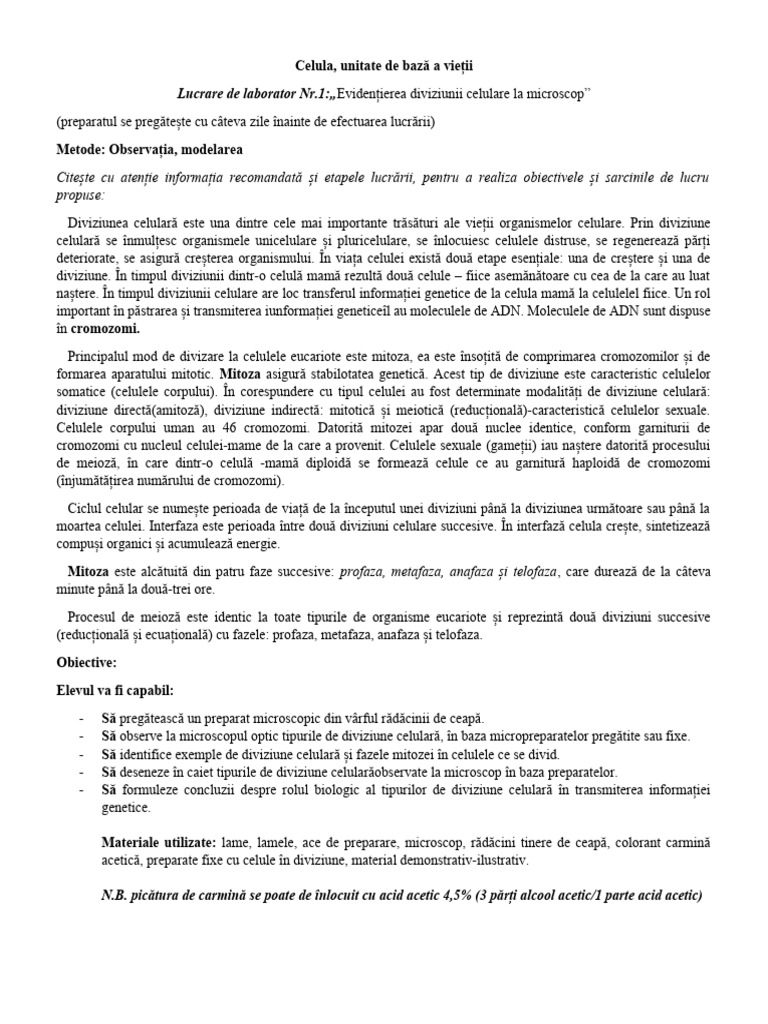 Evidențierea diviziunii celulare, cl.9 | PDF